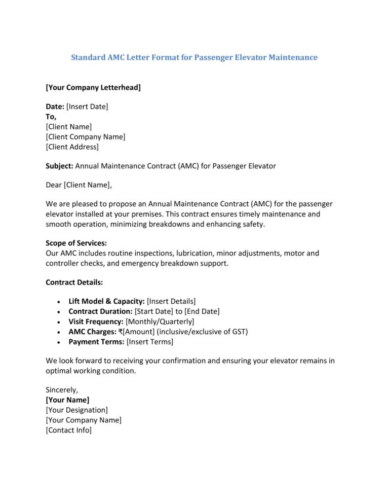 AMC Letter Format for Elevator/Lift (5 Templates) Download in Word (.docx)