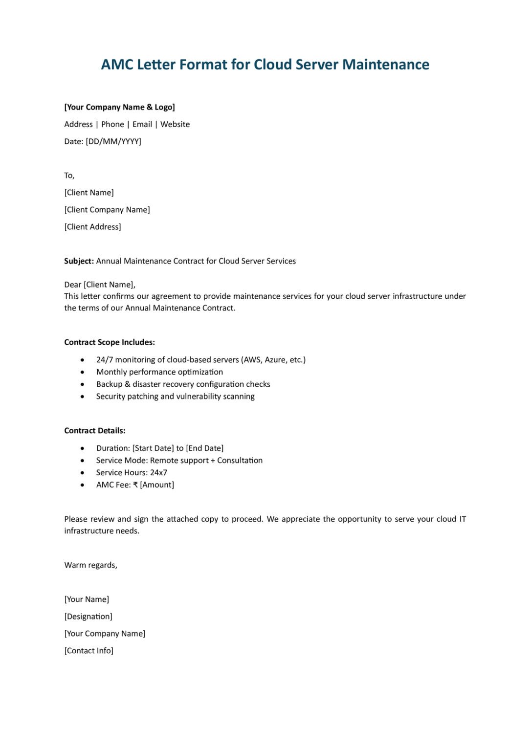 AMC Letter Format for Server Maintenance (5 Templates) in Word (.docx)