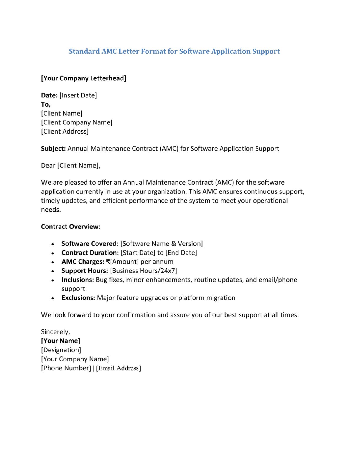 AMC Letter Format for Software Services (5 Templates) Download in Word ...
