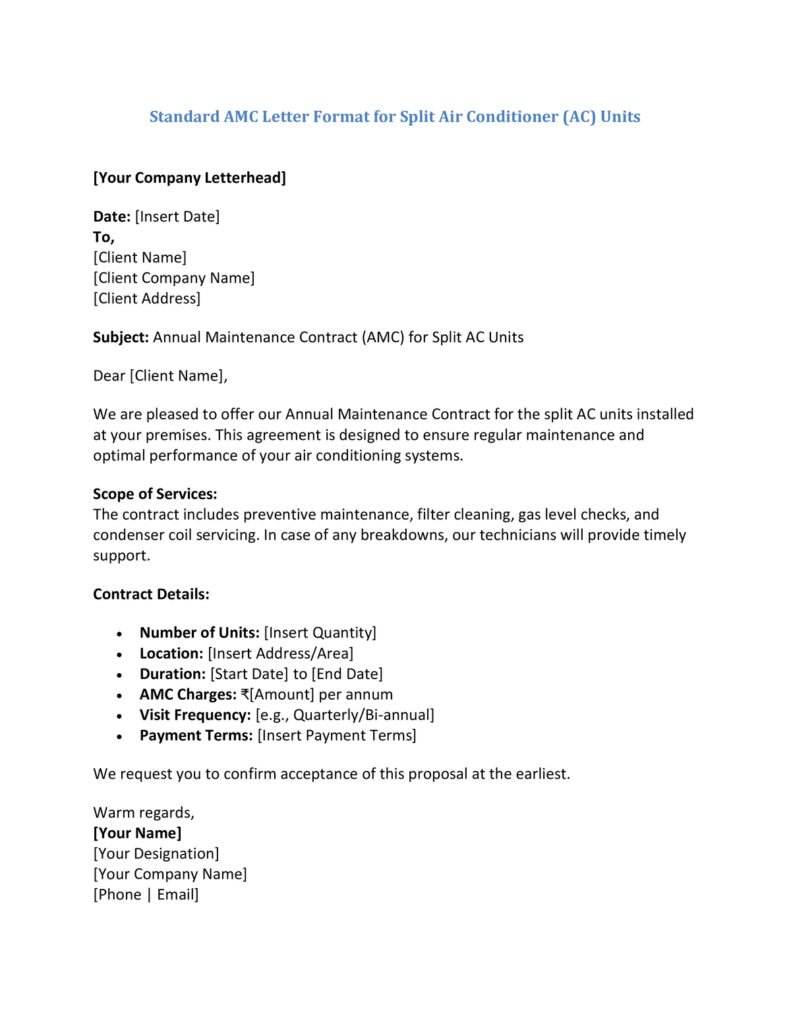 AMC Letter Format for Air Conditioner (5 Templates) Download in Word ...