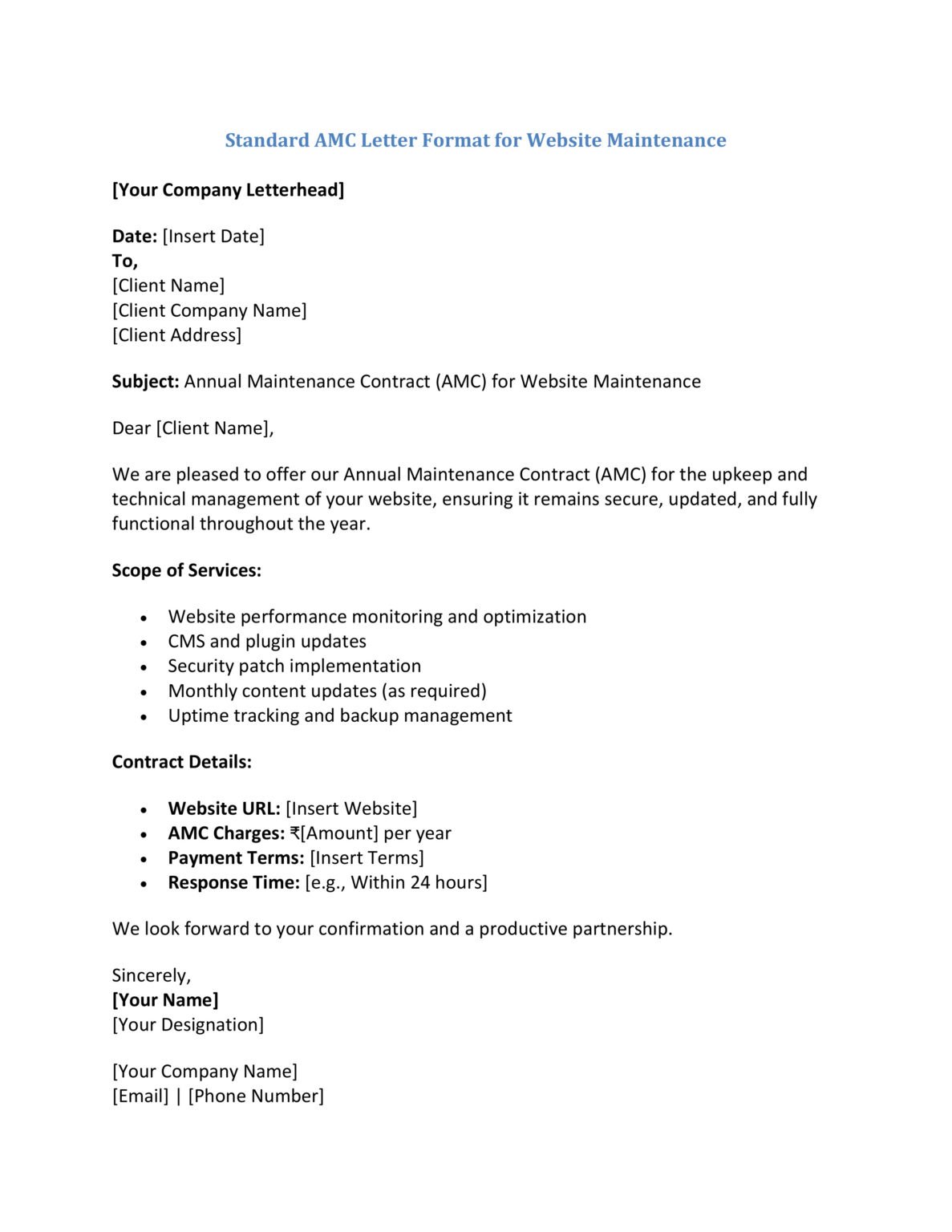AMC Letter Format for Website Maintenance (5 Templates) Download in ...