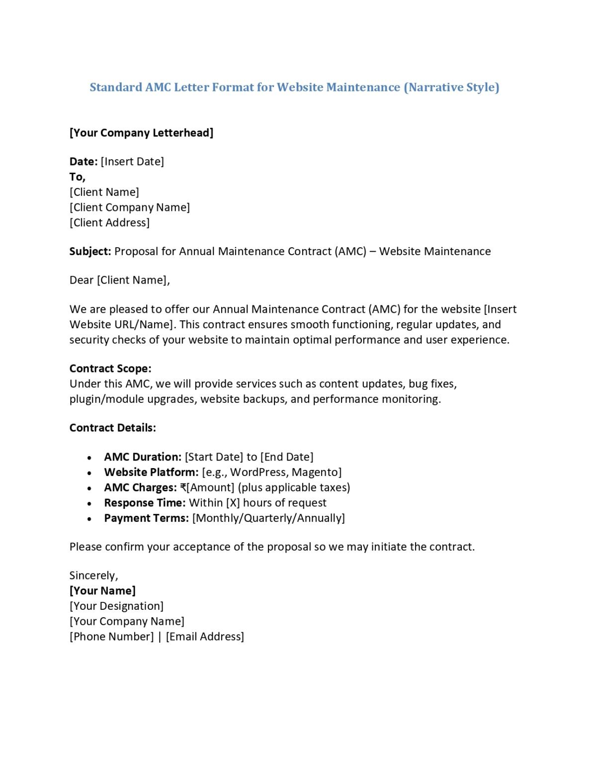 AMC Letter Format for Building Maintenance (5 Templates) Download in ...