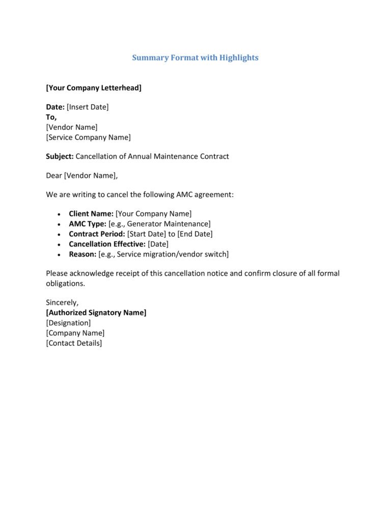 AMC Letter Format for Cancellation/Termination (5 Templates) Download ...