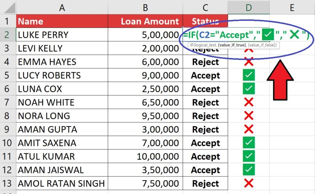 Right Tick Cross Tick for Accept or Reject in Excel Automatic (Using IF ...