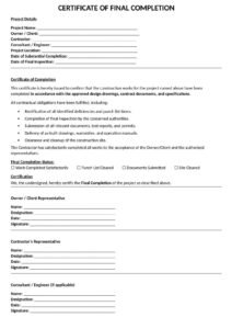 (5 Free) Certificate of Final Completion Construction Work - Editable ...