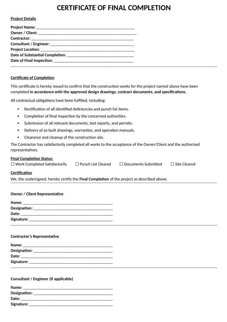 (5 Free) Certificate of Final Completion Construction Work - Editable ...
