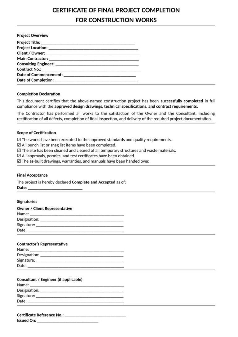 (5 Free) Certificate of Final Completion Construction Work - Editable ...