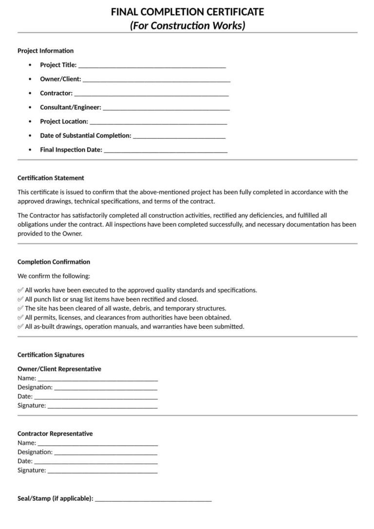 (5 Free) Certificate of Final Completion Construction Work - Editable ...