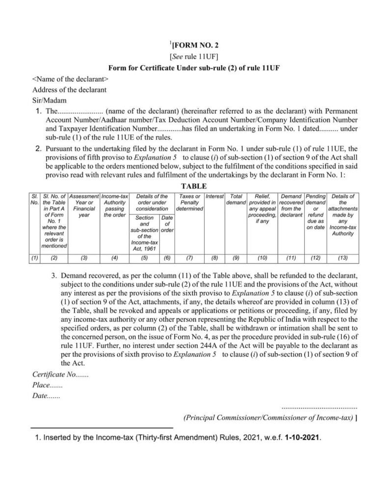 Income Tax Form No. 2 Download Certificate Under sub-rule (2) of rule 11UF