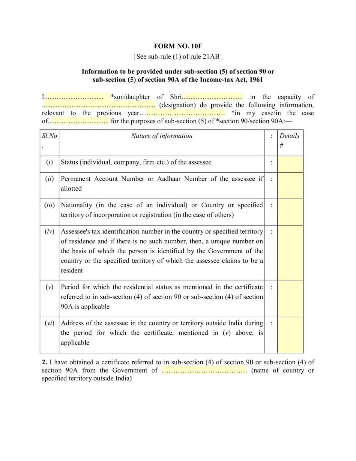 Income Tax Form No. 10F Download Information to be provided under sub ...
