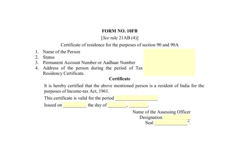 Income Tax Form No. 10FB Download Certificate of residence for the ...
