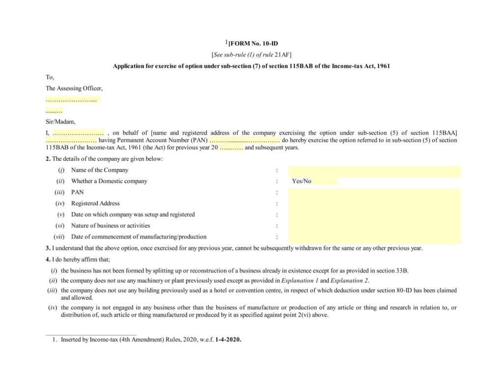 Income Tax Form No. 10ID Download Application for exercise of option ...