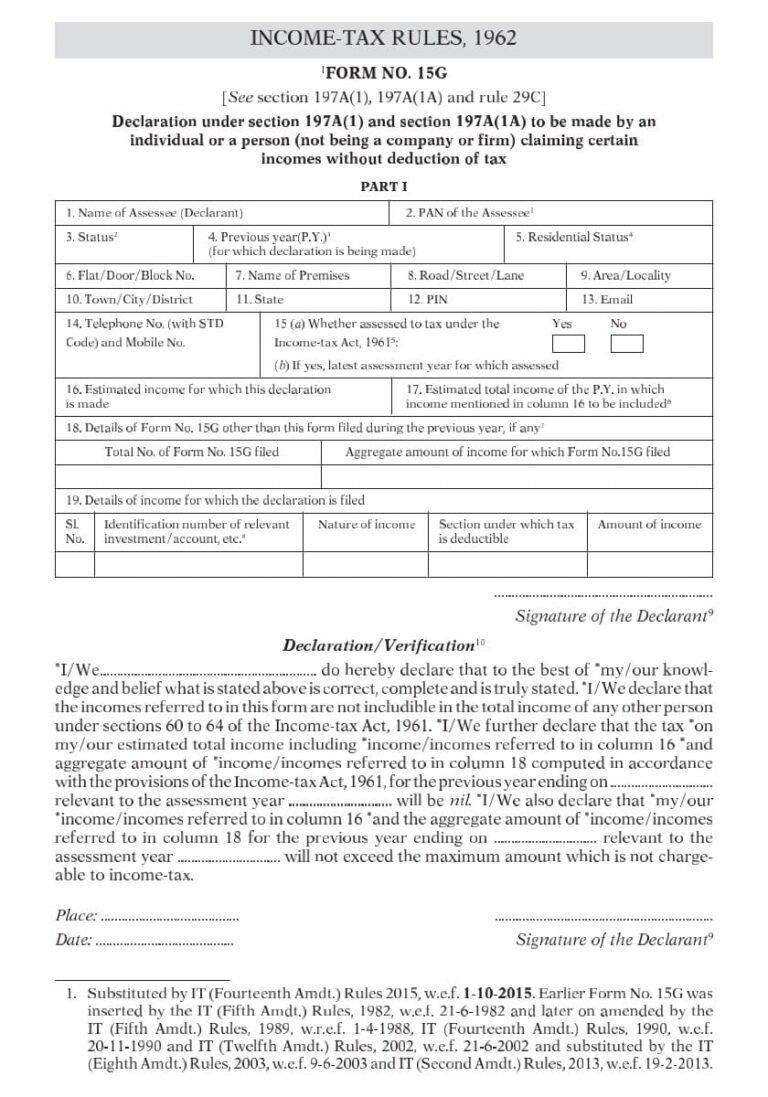 Income Tax Form No.15G Download Declaration under section 197A(1) and ...