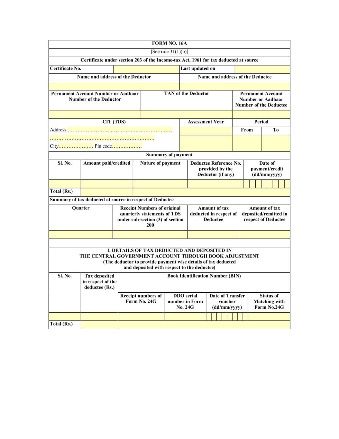 Income Tax Form No.16A Download Certificate under section 203 of the ...