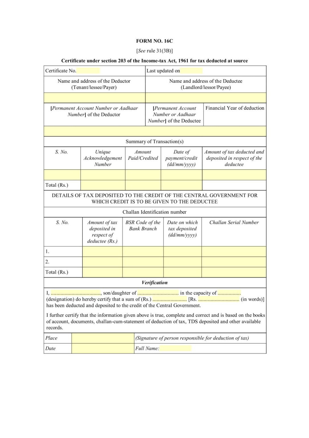 Income Tax Form No.16C Download Certificate under section 203 of the ...
