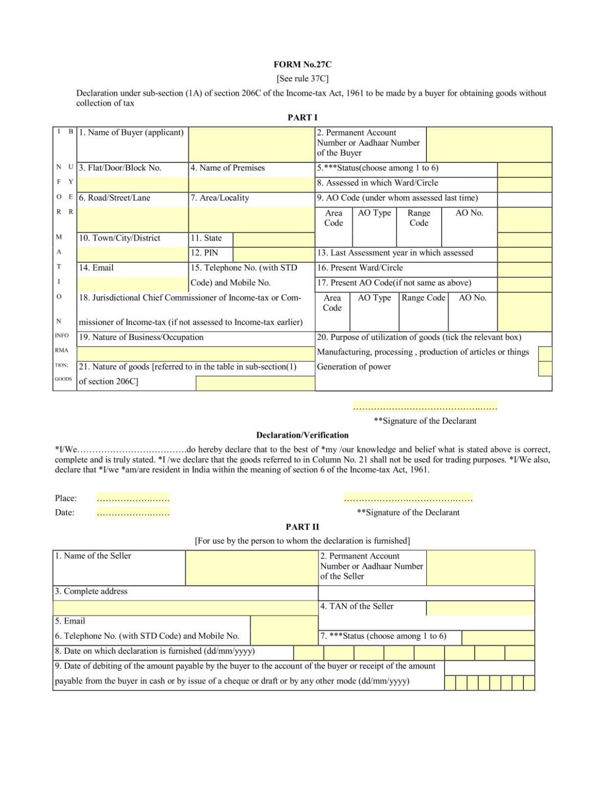 Income Tax Form No.27C Download Declaration under sub-section (1A)