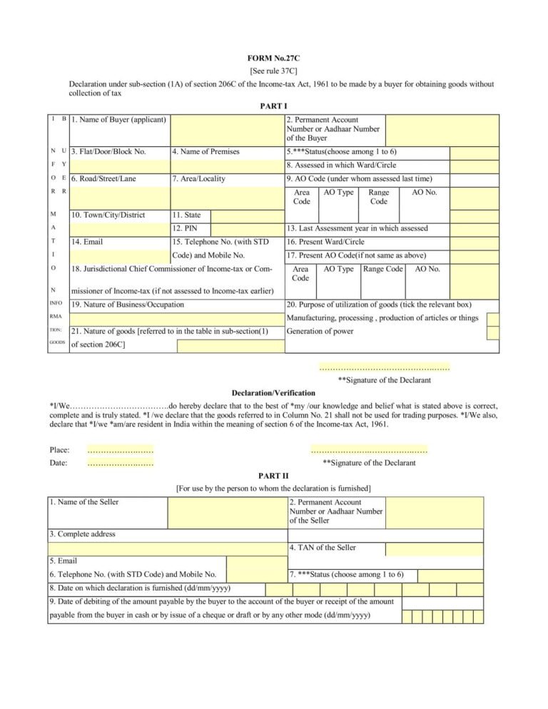 Income Tax Form No.27C Download Declaration under sub-section (1A)