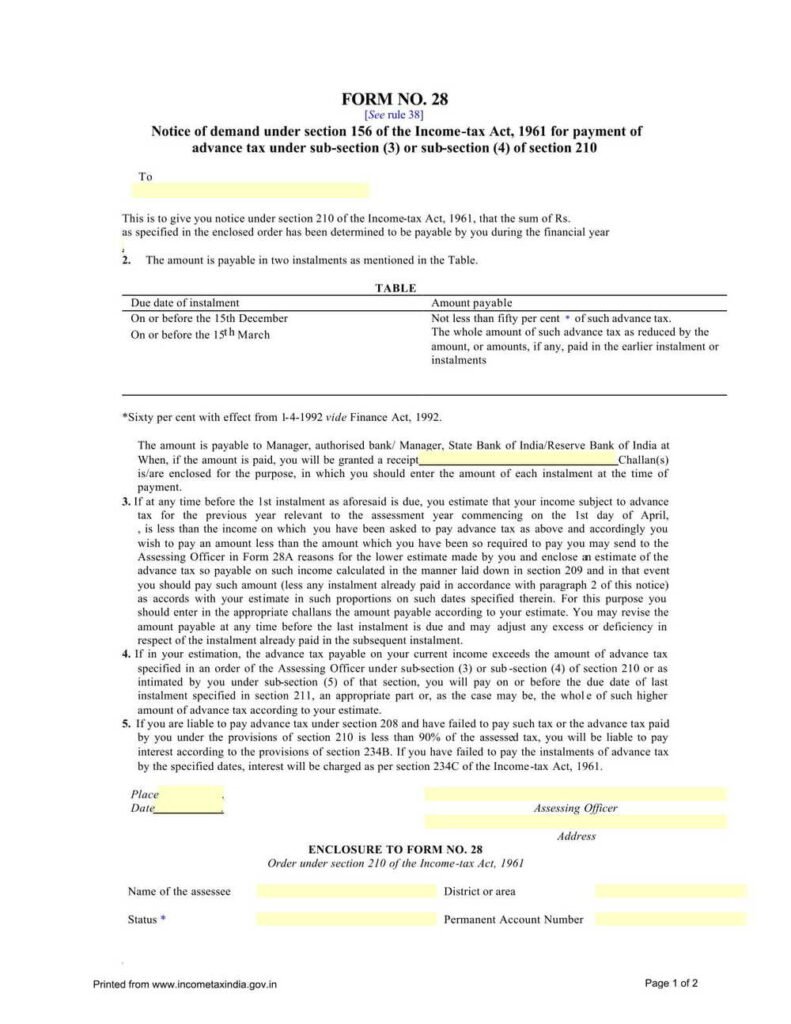 Income Tax Form No.28 Download Notice of demand under section 156 of ...