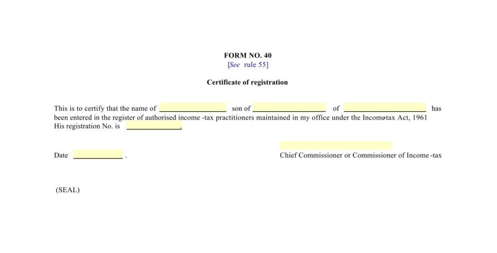 Income Tax Form No.40 Download Certificate of registration