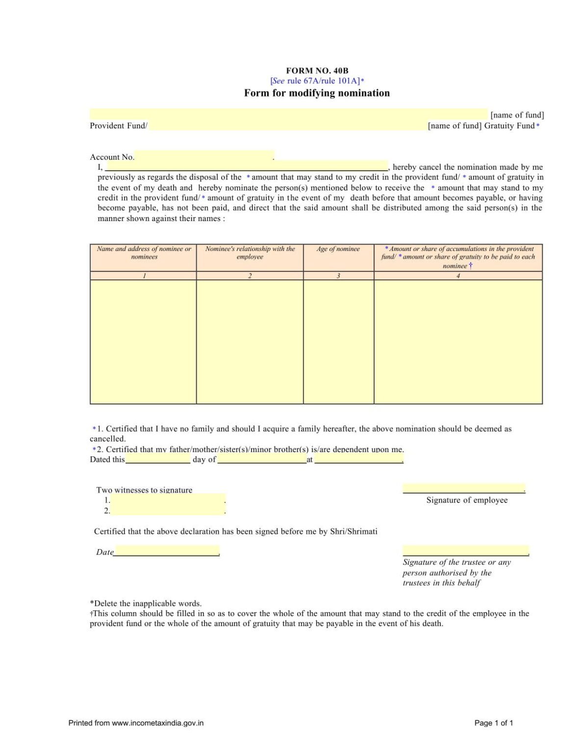 Income Tax Form No.40B Download Form for modifying nomination
