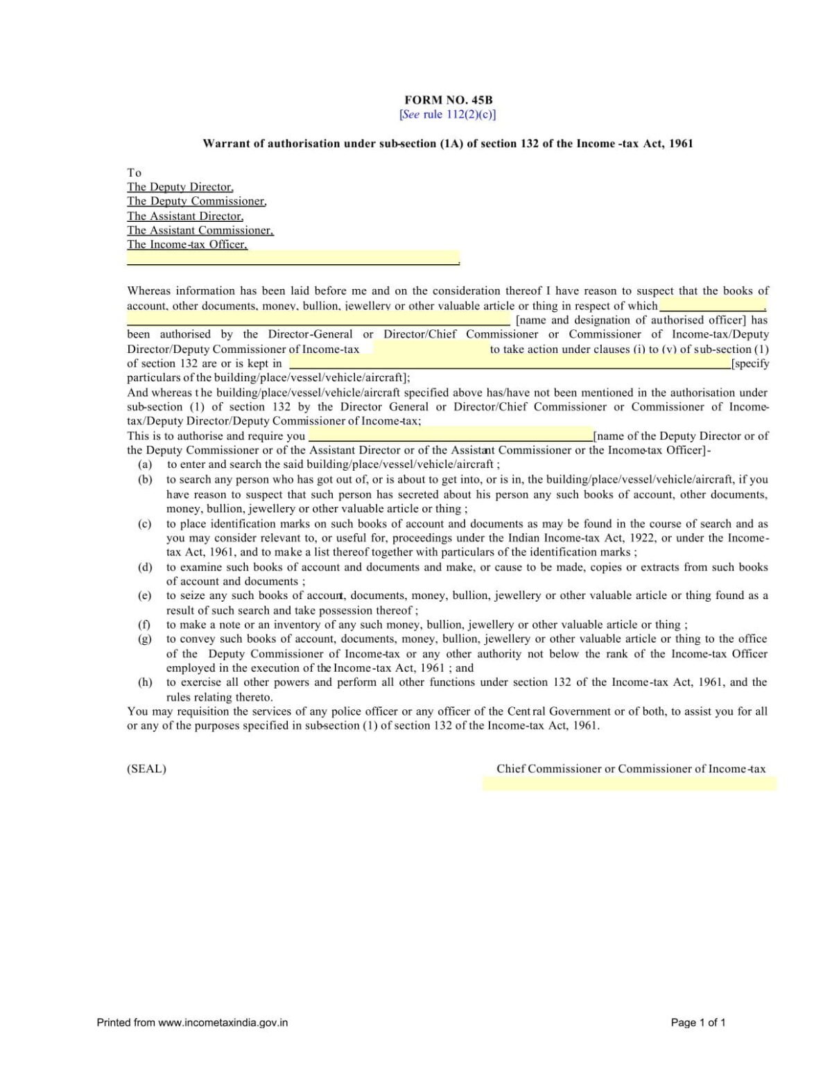 Income Tax Form No.15H Download Declaration under section 197A(1C)