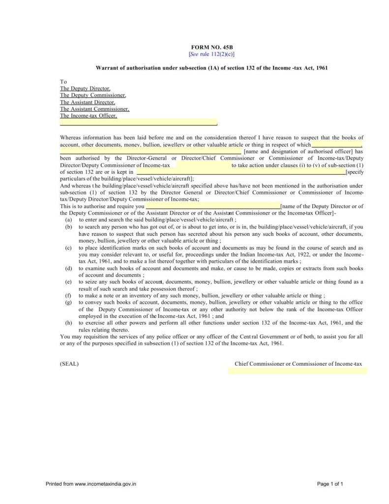 Income Tax Form No.45B Download Warrant of authorisation under sub ...