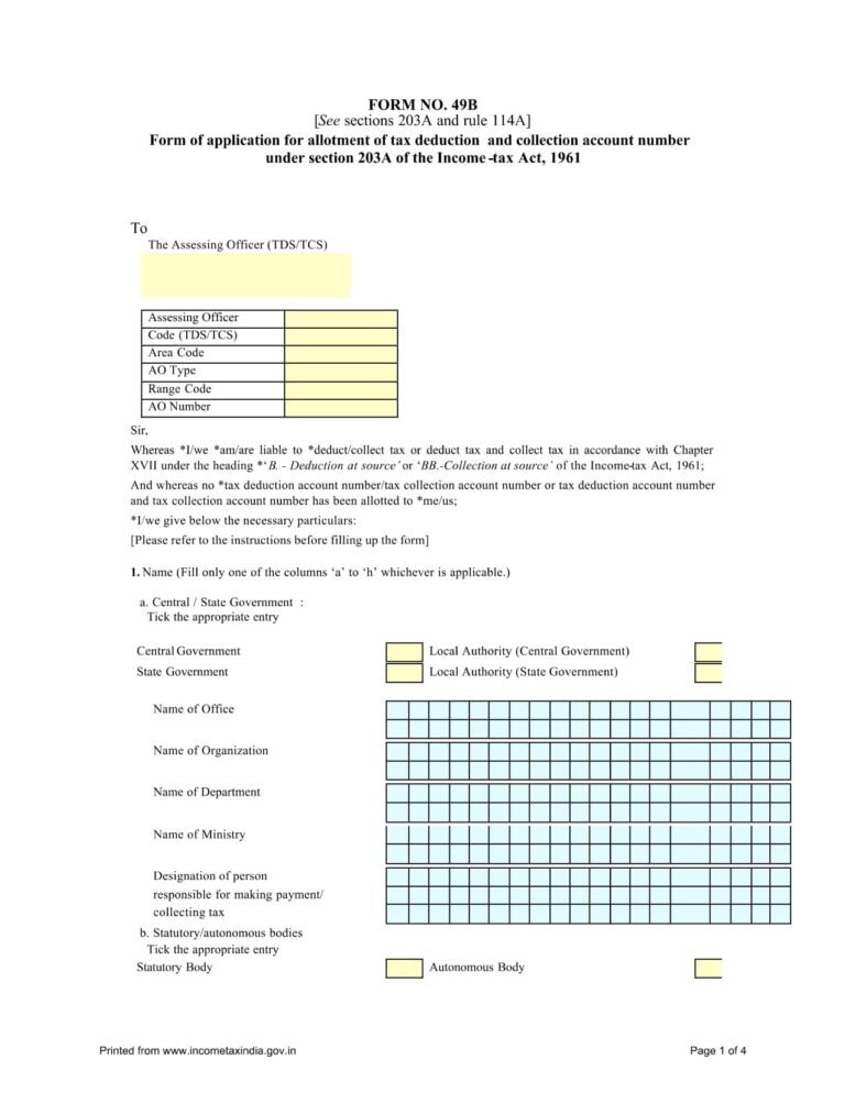 Income Tax Form No.49B Form of application for allotment of Tax ...