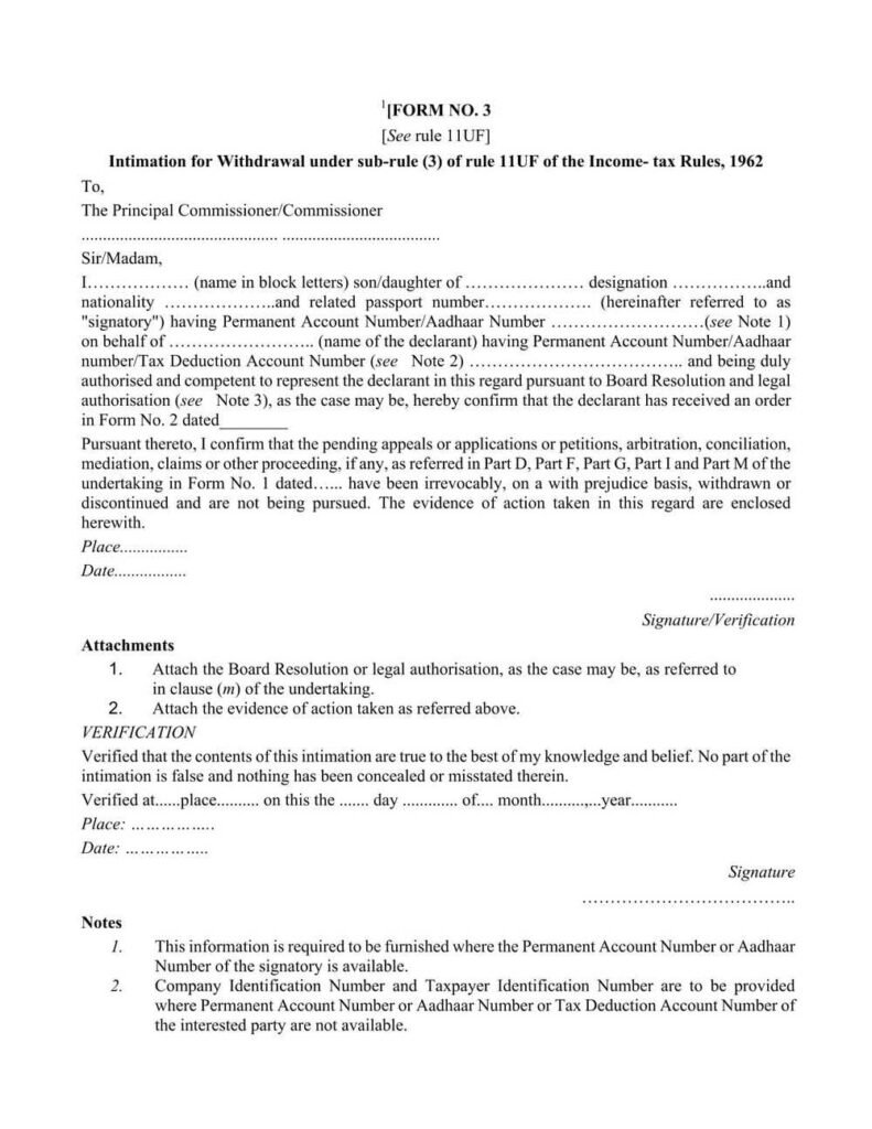 Income Tax Form No. 3 Download Intimation for Withdrawal under sub-rule ...