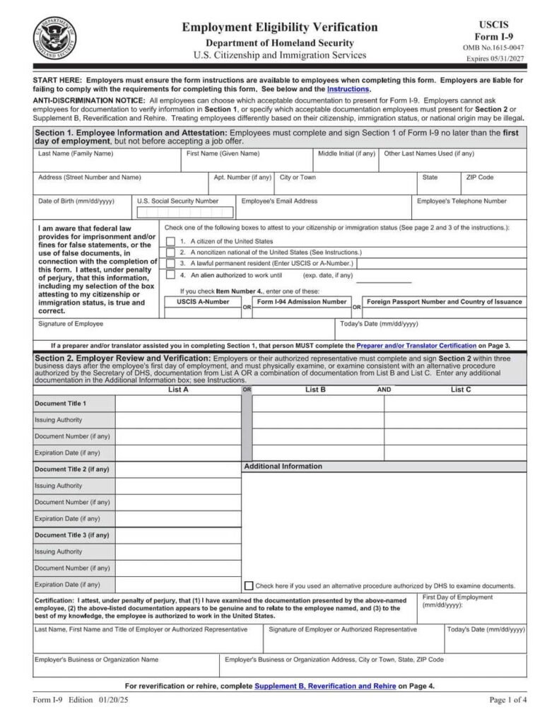 Form I-9 PDF Download – Employment Eligibility Verification Form