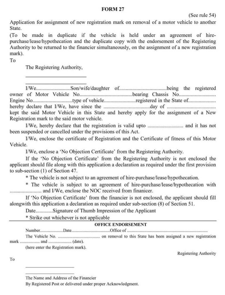 Form No.27: Form Of Assignment of New Registration Download PDF File