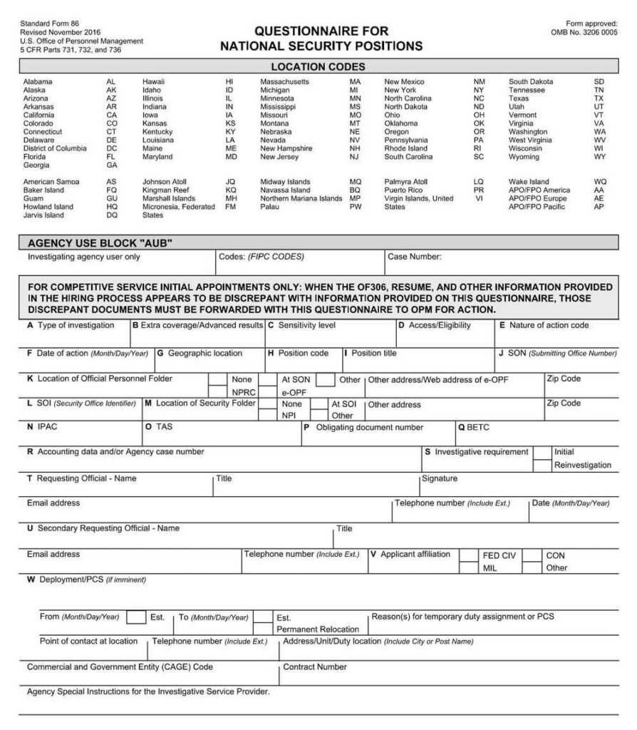 Form SF-86 Security Clearance Form PDF Download