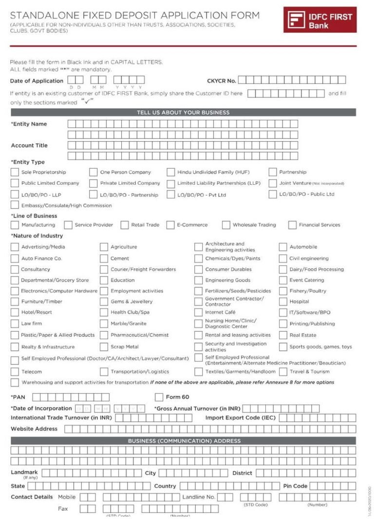 IDFC First Bank Fixed deposit booking form for NTB non individuals ...