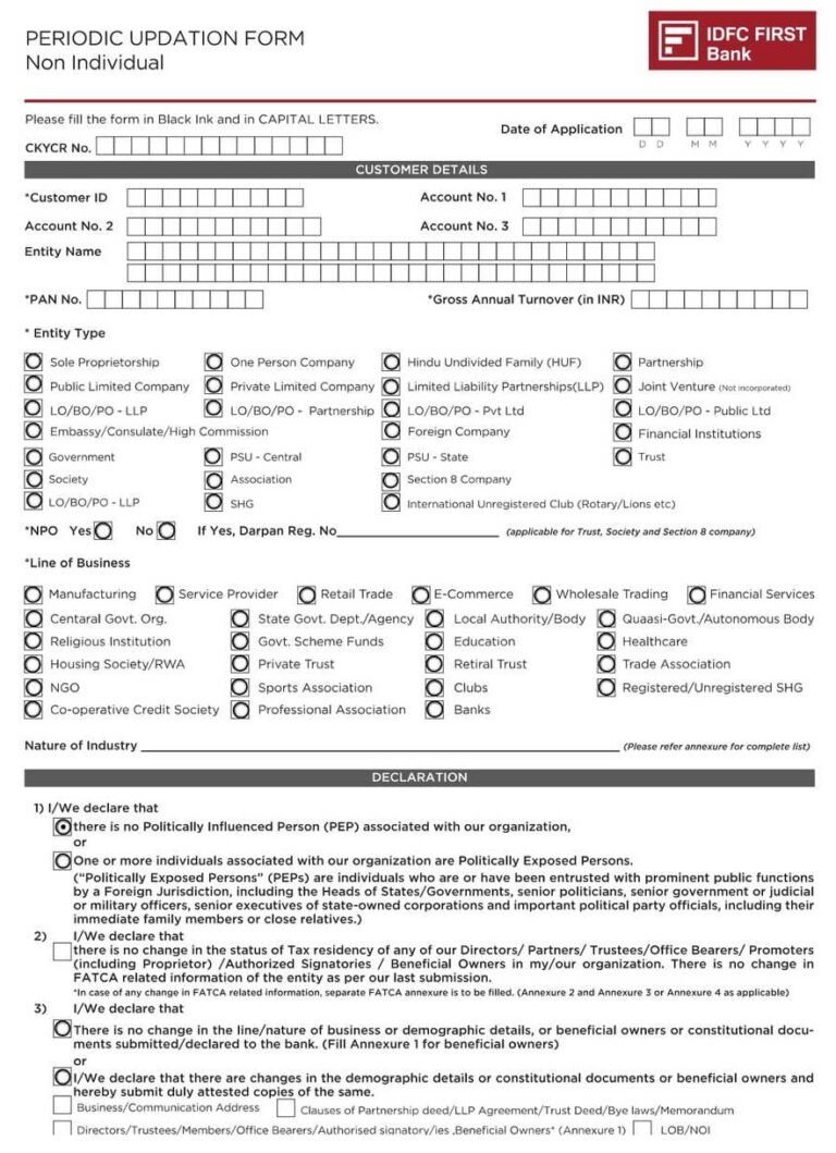 IDFC First Bank Periodic Updation Form Editable (Non-Individual REKYC ...