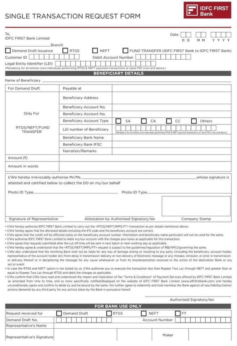 IDFC First Bank RTGS Form PDF Download