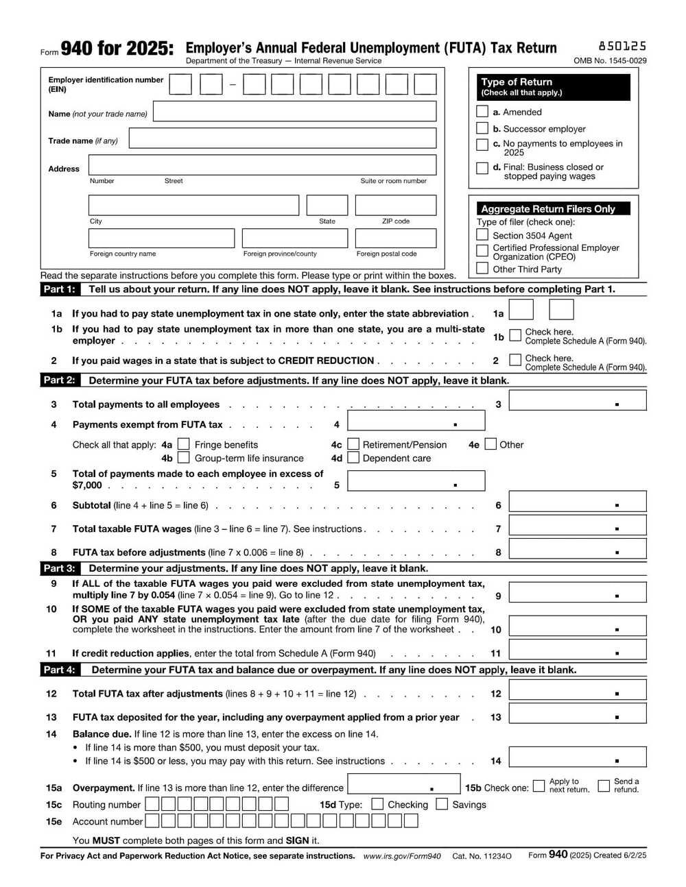 IRS Form 940 PDF Download – Federal Unemployment Tax Return