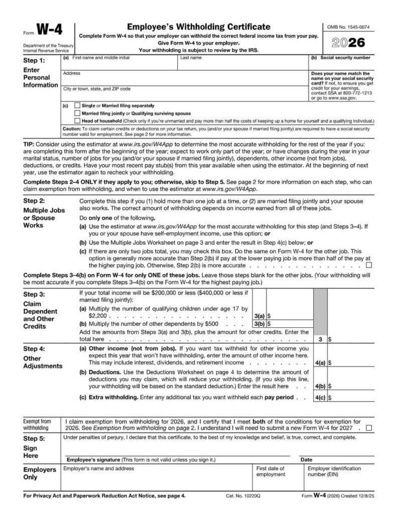 IRS Form W-4 PDF Download – Employee’s Withholding Certificate