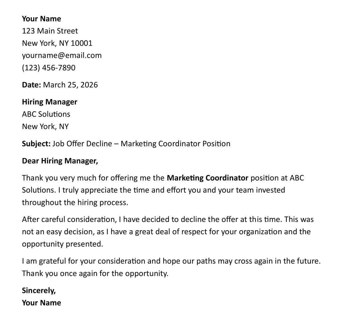 Job Offer Rejection Letter (Polite USA Format + 5 Examples)