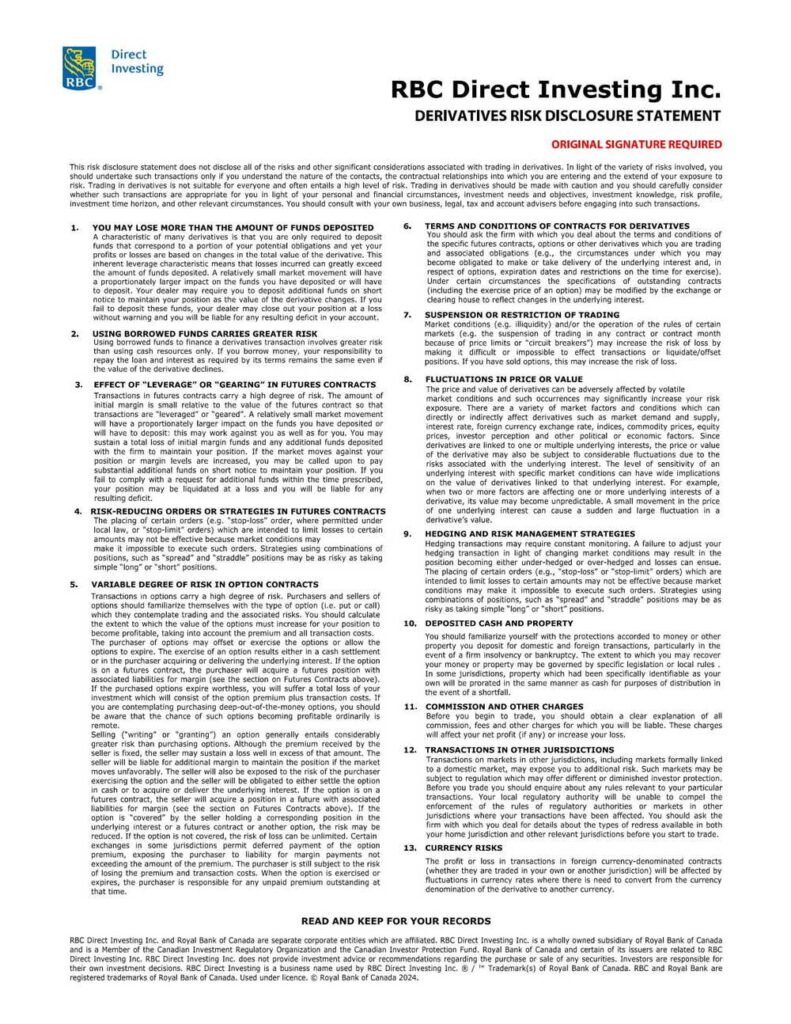 RBC Bank Form - Derivatives(options) Trading and Margin Agreement PDF ...