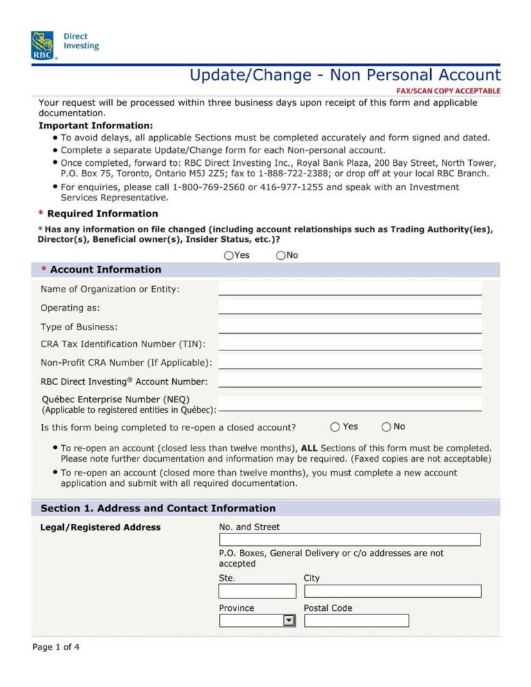 RBC Bank Form - Update/Change - Non Personal Account PDF Download