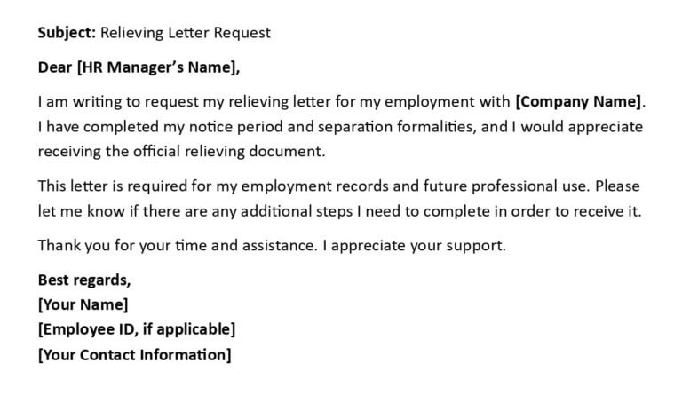 Relieving Letter Request Format (USA Professional + 5 Examples)