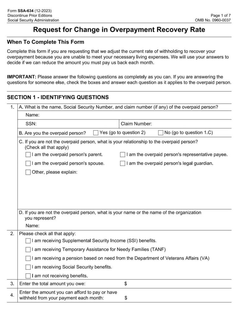 SSA Form-634 PDF Download – Overpayment Recovery Request