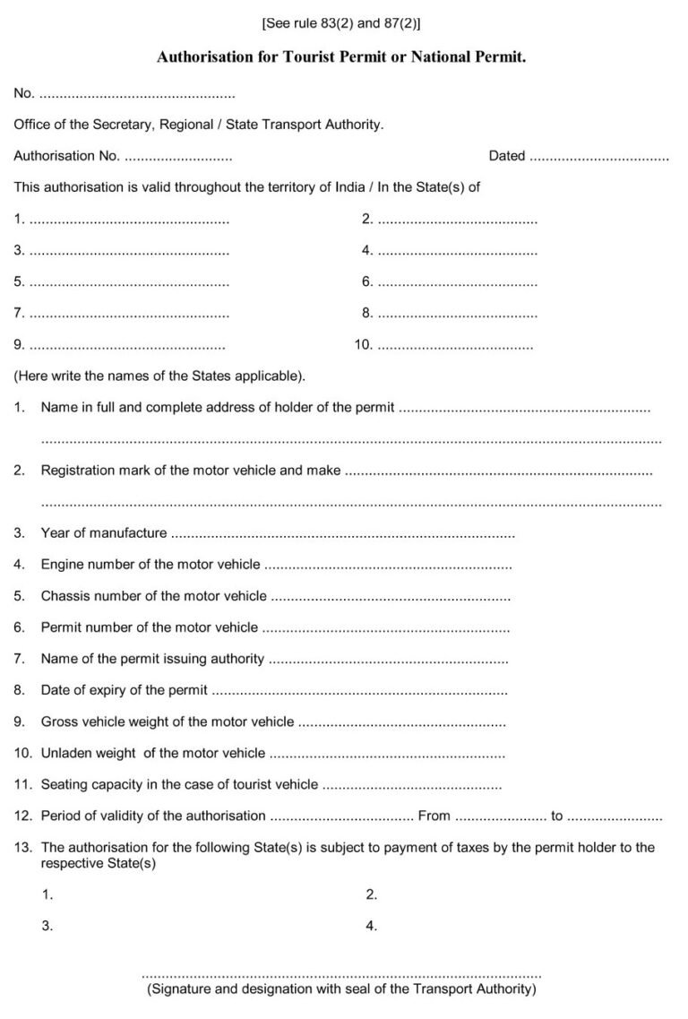 Vehicle Form 47 Authorization for Tourist Permit or National Permit