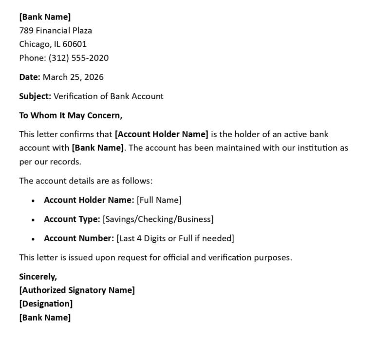 Bank Account Verification Letter (USA Format + 5 Samples)