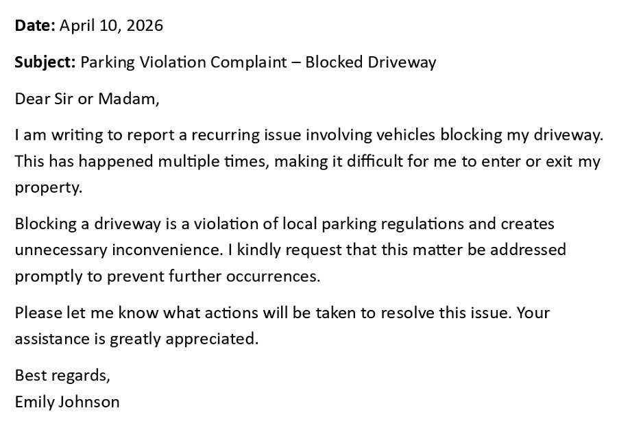 Parking Violation Complaint Letter (USA Format + 5 Samples)