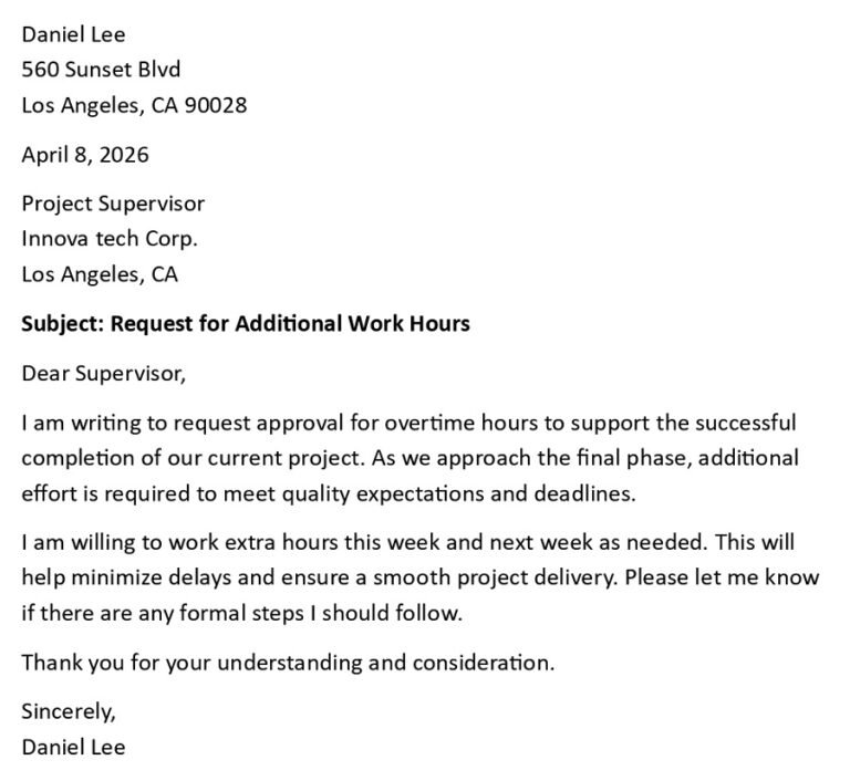 Overtime Request Letter (USA Professional Format + 5 Examples)